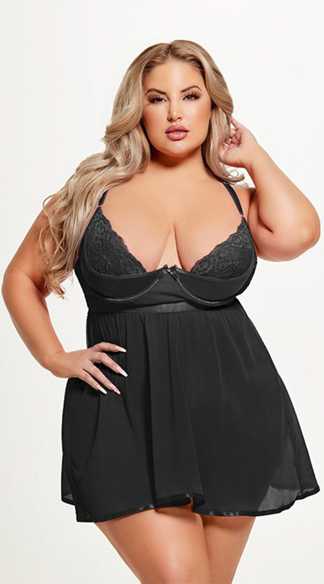 Plus Size Natasha Babydoll Set, Plus Size Mesh and Lace Babydoll Set - Yandy.com