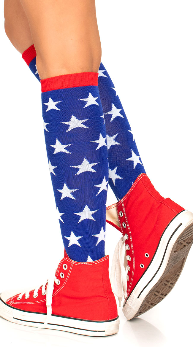 Blue Star Knee High Socks, Patriotic Star Socks - Yandy.com