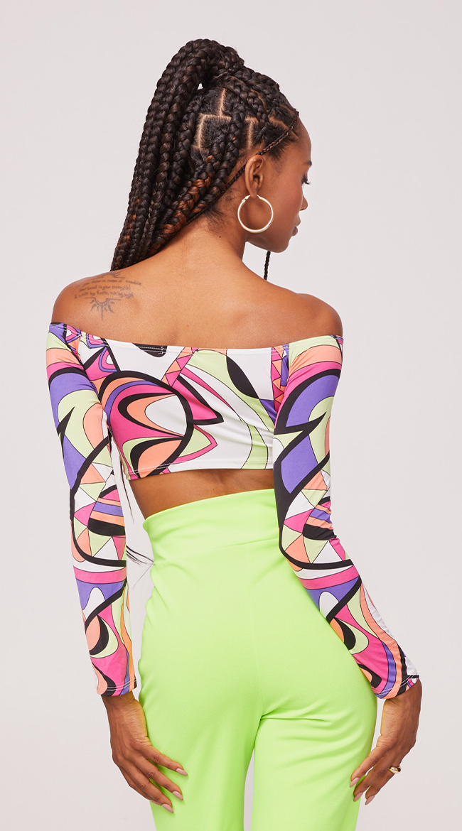 Off-The-Shoulder Kaleidoscope Crop Top, Colorful Long Sleeve Crop Top ...