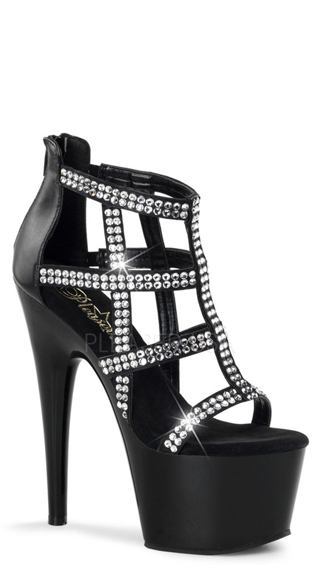 7" Heel, 2 3/4" Pf Rhinestone Embellished Cage Bootie Sandal