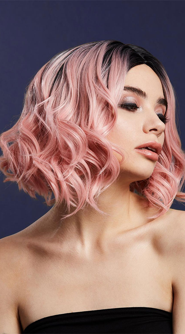 Kourtney Pastel Pink Curly Bob Wig, Pink Wig Accessory - Yandy.com