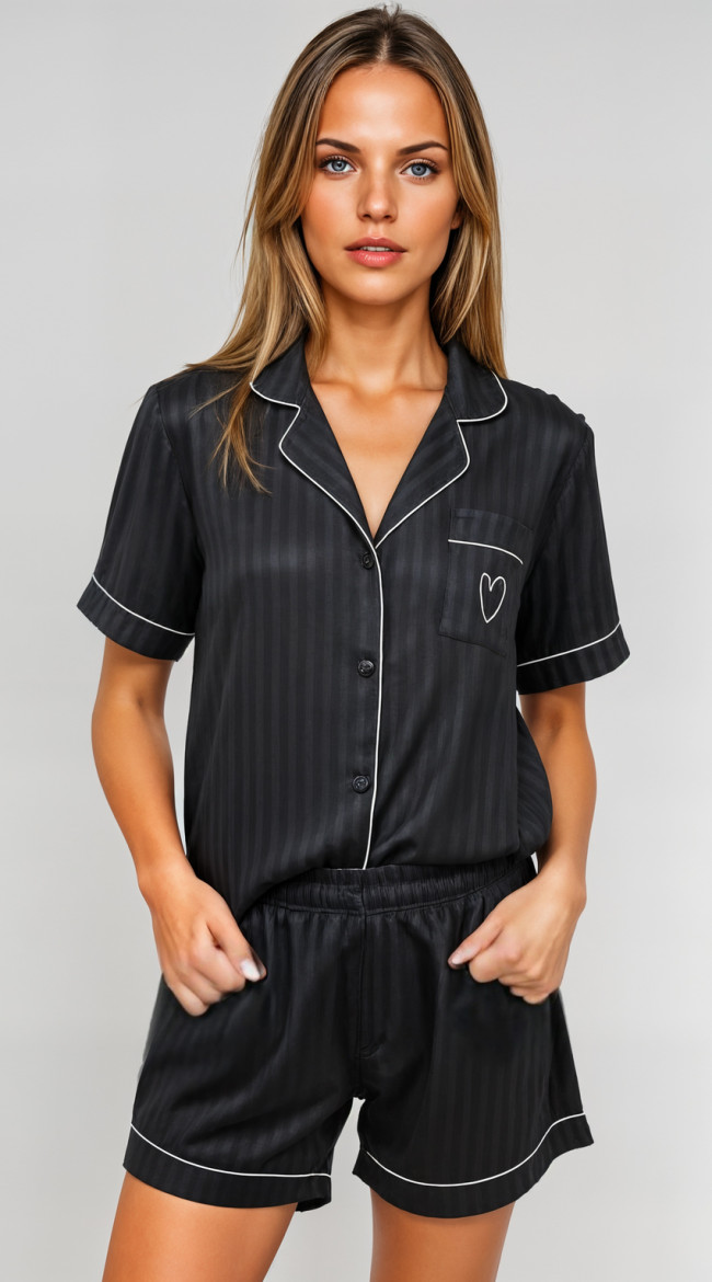 Black Stripe Satin Short Set