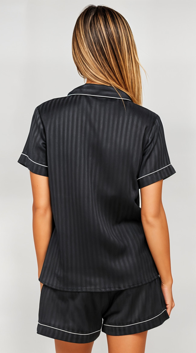 Black Stripe Satin Short Set