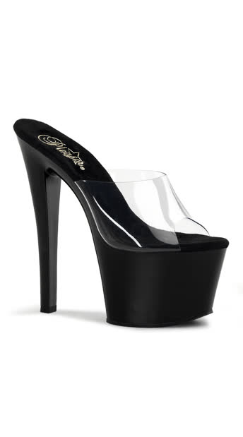 7 Inch Spike Heel Platform Sandal, Clear Slides, Black Slides